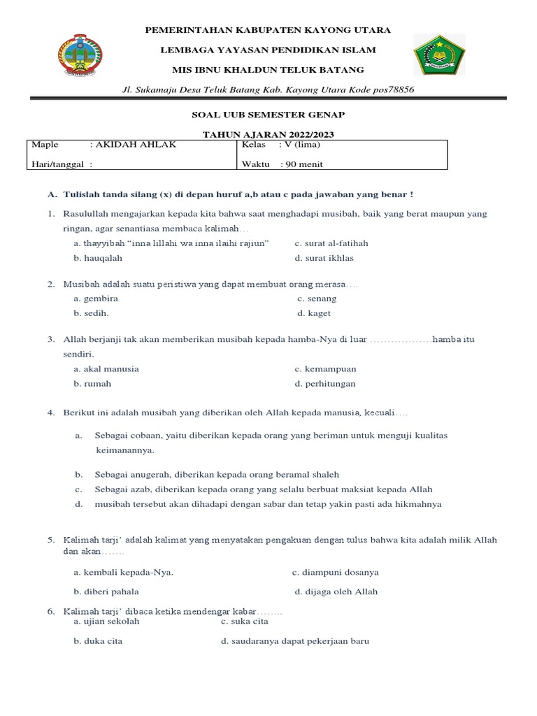 Soal Ujian Kelas 5 Akidah Ahlak | PDF