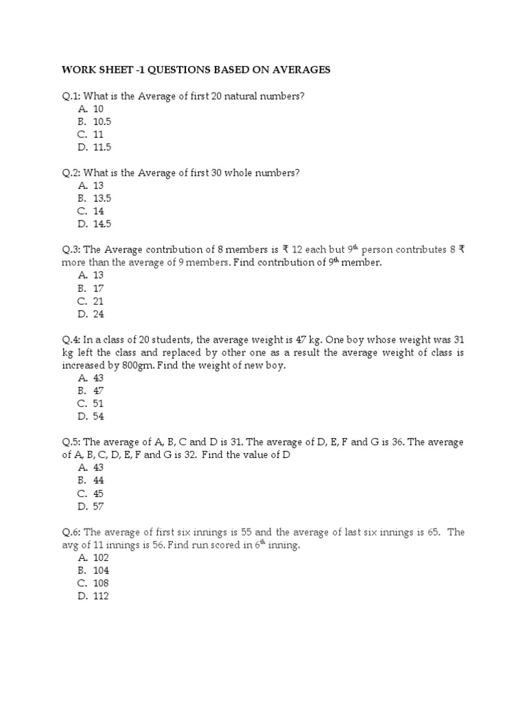 Worksheet On Average | PDF