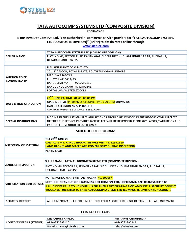 Tata Autocomp Composite Div DT 23rd June 23 Pantnagar | PDF | Auction ...