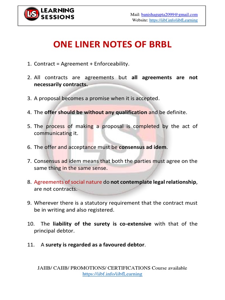 BRBL One Liner Notes | PDF | Private Law | Justice