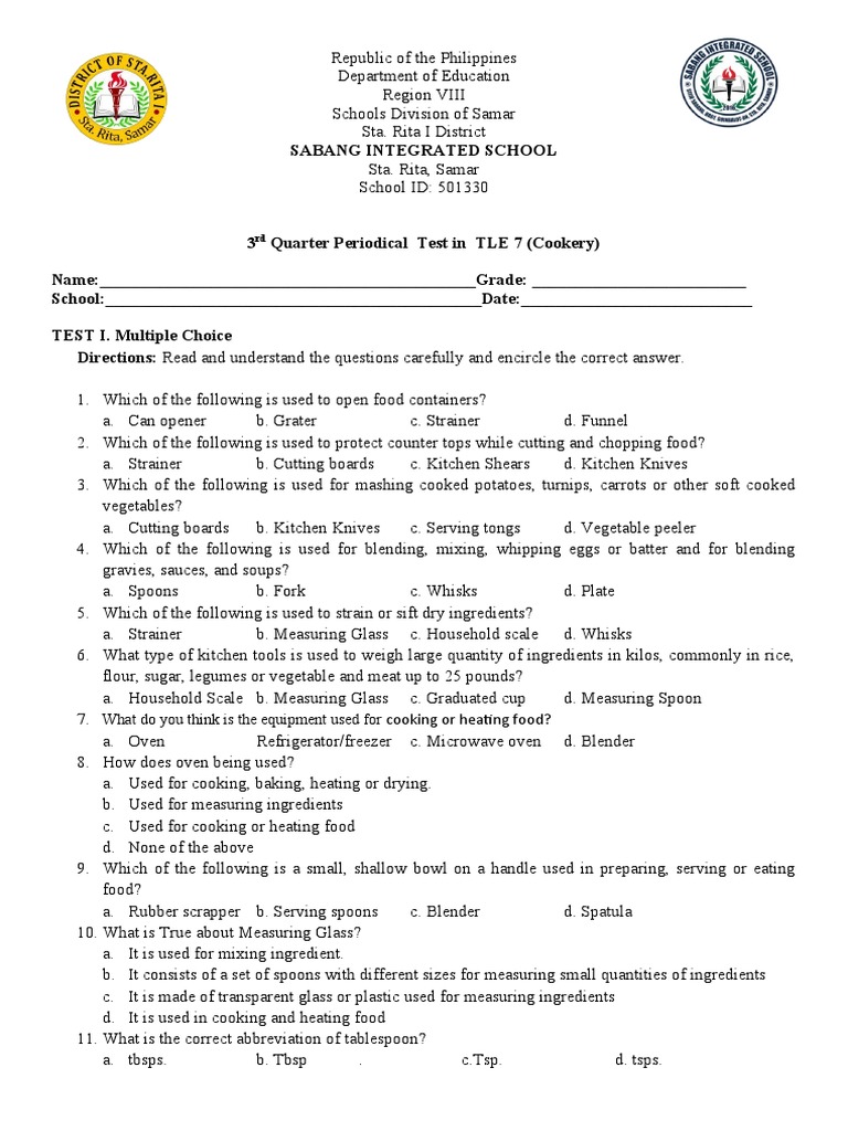 3rdq Tle 8 Cookery Summative Test Pdf Tablespoon Foods