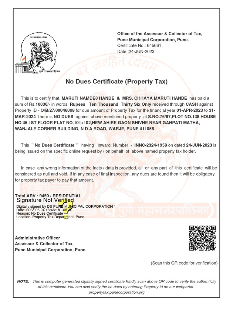 No Dues Certificate (Property Tax) : Signature Not Verified | PDF