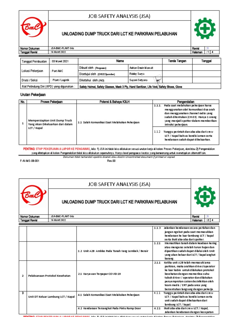 JSA PLANT 34a. Loading Unloading A2B Dalam LCT | PDF