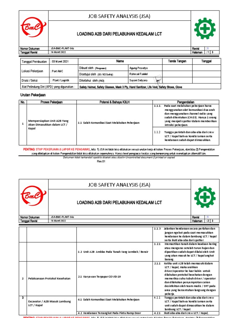 JSA PLANT 34a. Loading Unloading A2B Dalam LCT | PDF