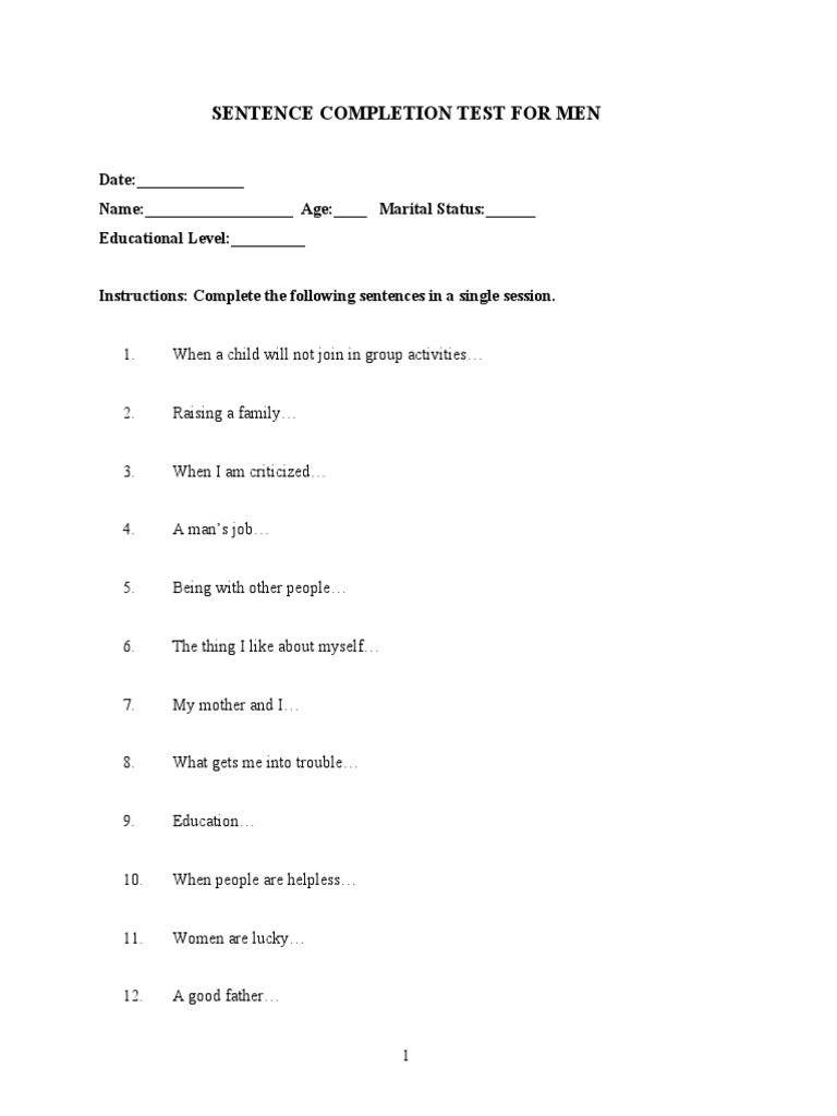 Sentence Completion Test for Men | PDF