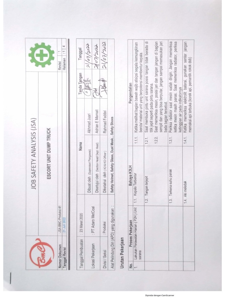 (Revisi 21-07-2022) JSA Escort Dump Truck | PDF