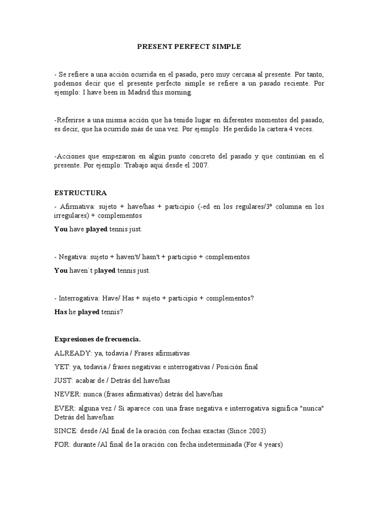 Uso del Present Perfect Simple | PDF
