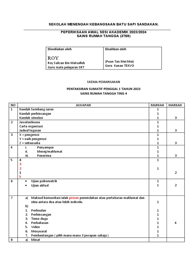 Skema Ujian SRT Awal t4C 2023 | PDF