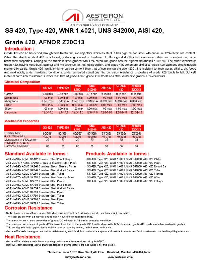 SS 420 Stainless Steel Guide | PDF | Stainless Steel | Steel