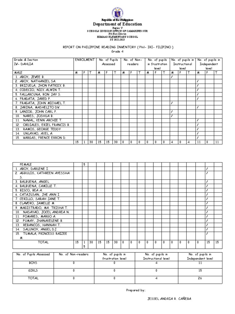 Grade Level Report On Phil Iri Post Test | PDF