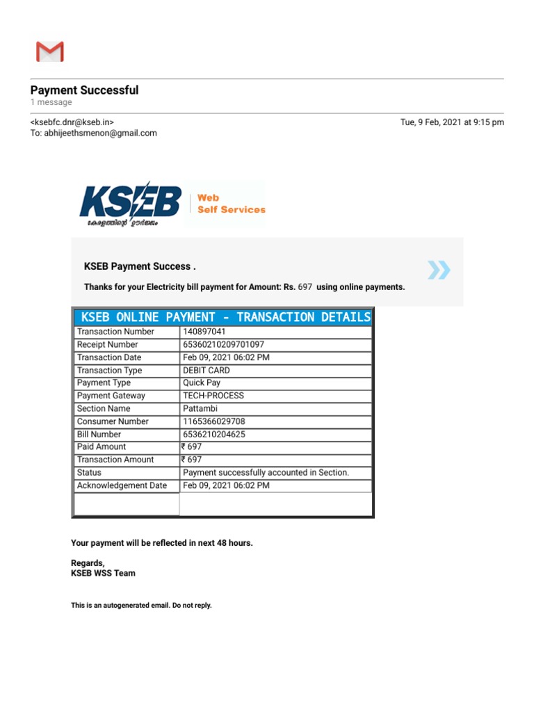 KSEB Payment Successful PDF