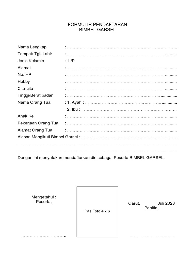 Formulir Pendaftaran Bimbel Garsel | PDF