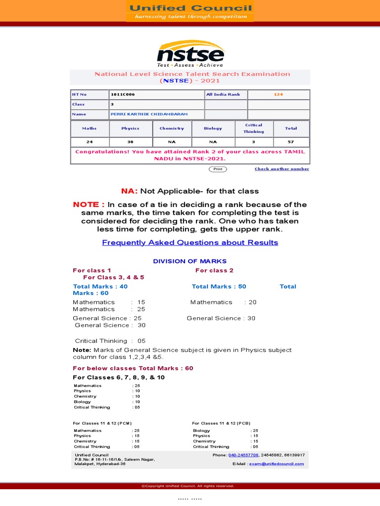Unified Council Results NSTSE Results | Download Free PDF | Science ...