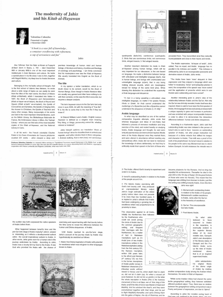 The Modernity of Jahiz and His Kitab Al Hayawan | PDF