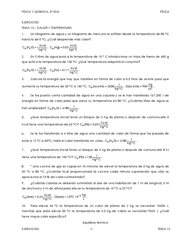 4ºESO FyQ U7 T12 EJERCICIOS | PDF | Caloría | Agua