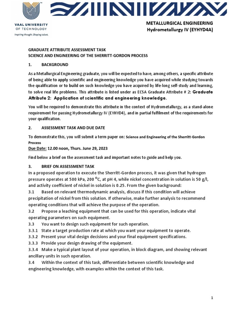 Sherritt-Gordon Process Assessment Task | PDF | Engineering | Data