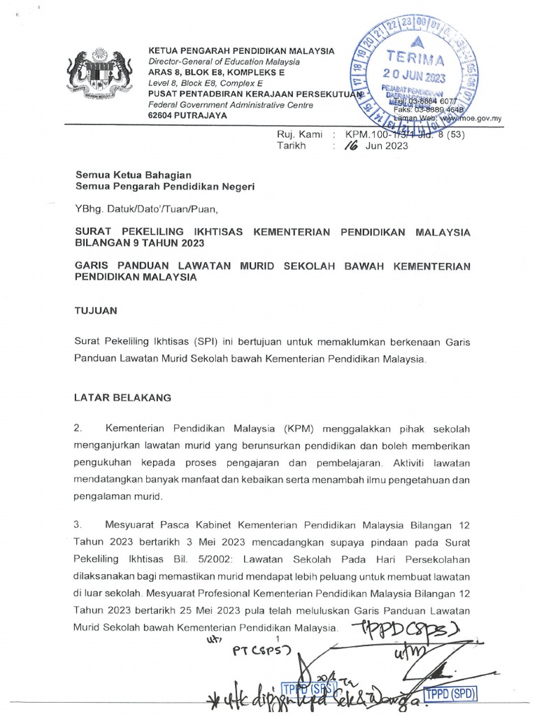 Surat Pekeliling Ikhtisas KPM Bil 9 Tahun 2023 - Garis Panduan Lawatan ...