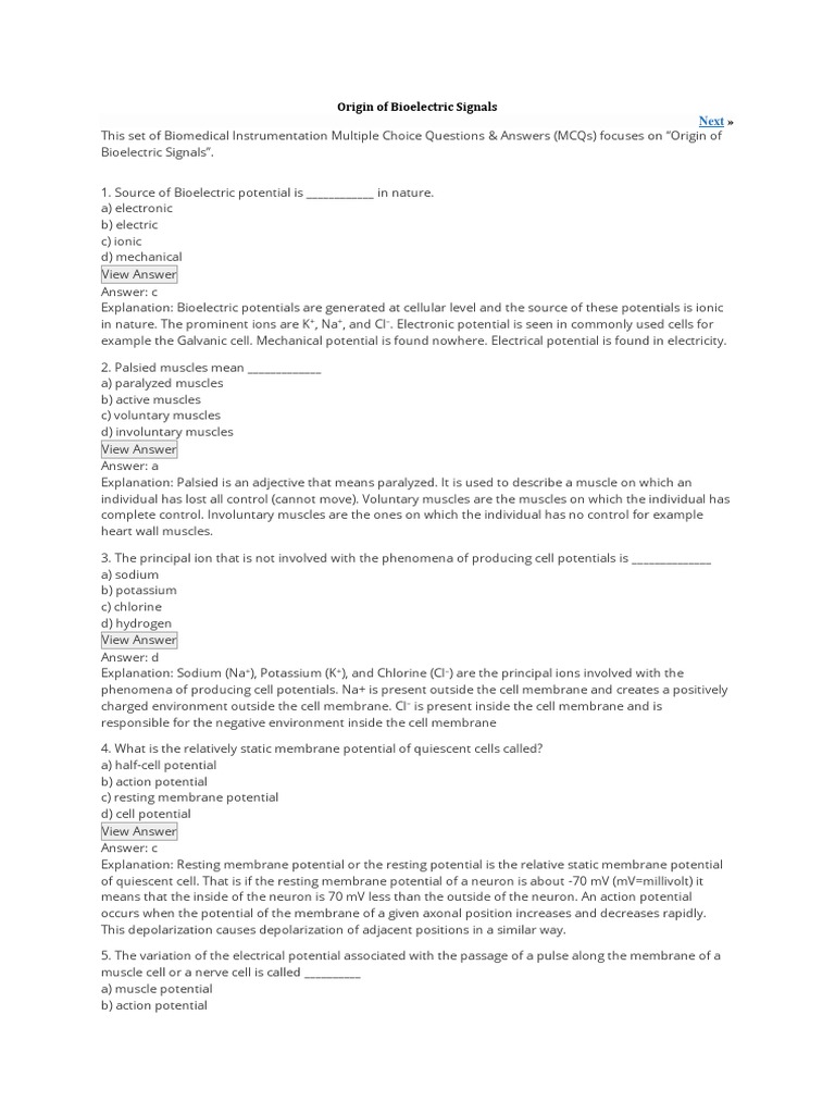 Bioelectric Signals MCQs and Answers | PDF | Depolarization ...