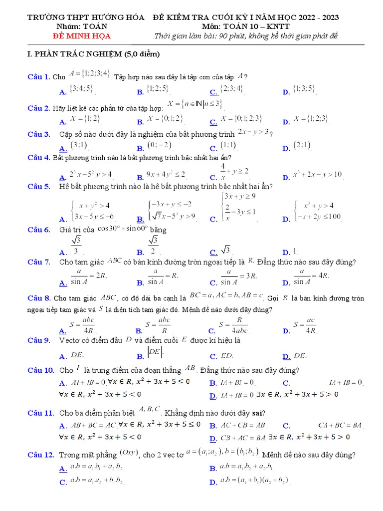 De Minh Hoa Cuoi Ky 1 Toan 10 Knttvcs Nam 2022 2023 THPT Huong Hoa Quang Tri | PDF