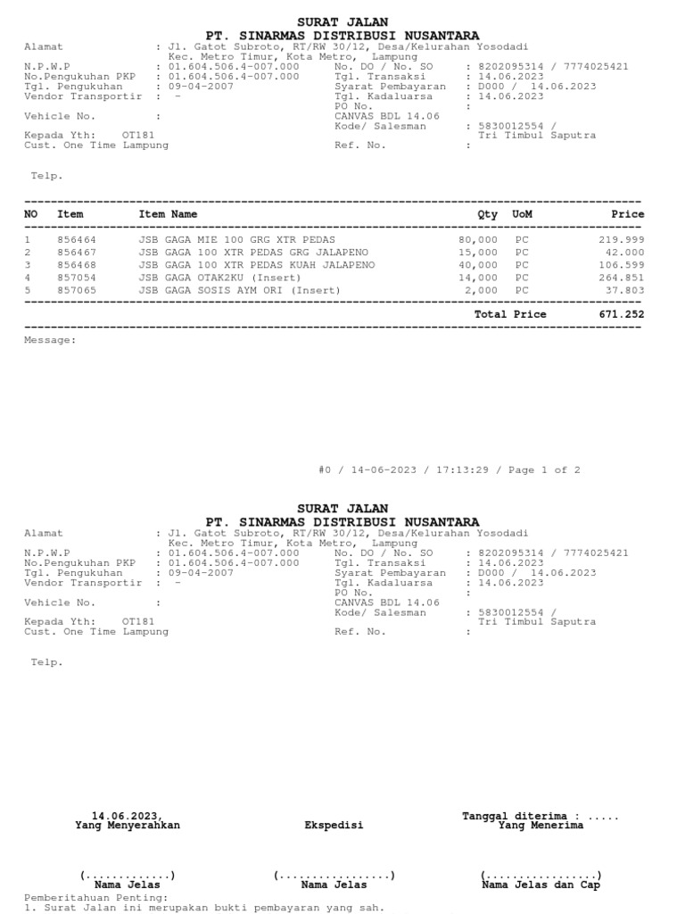 Surat Jalan PT Sinarmas Lampung | PDF