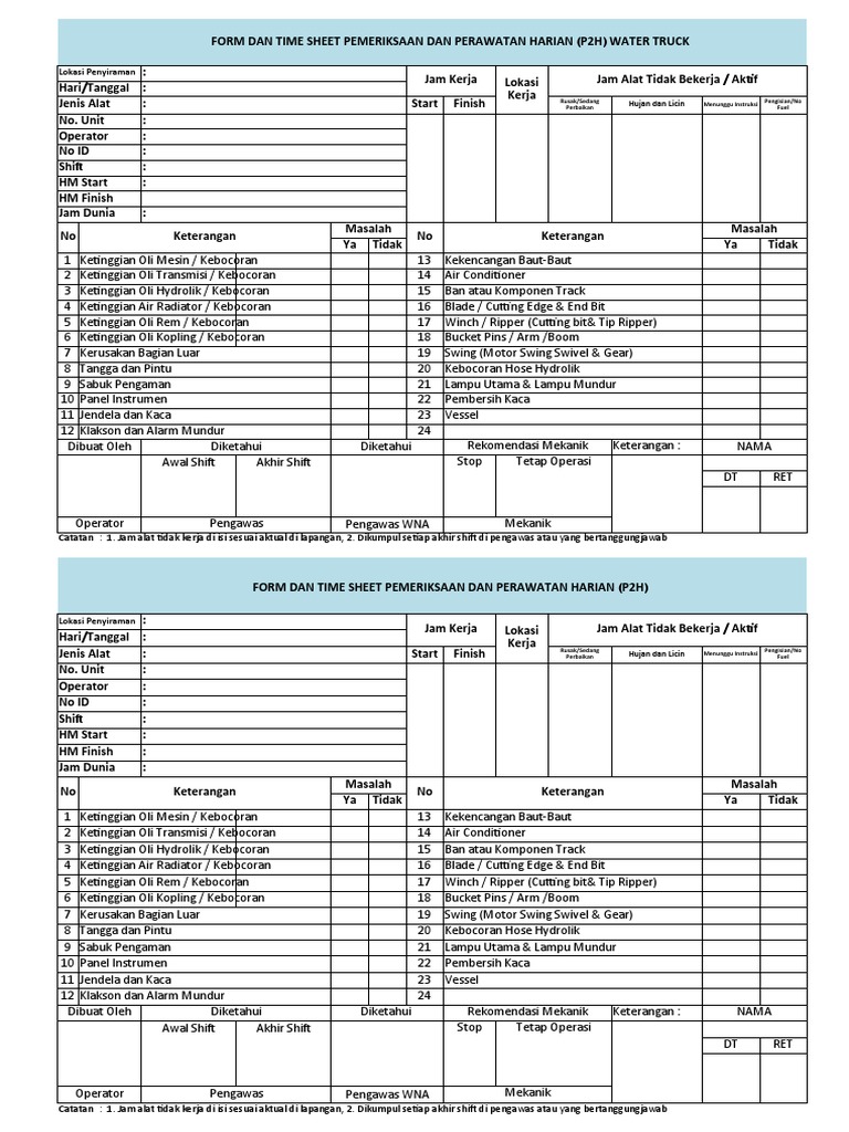 Formulir P2H Water Truck Harian | PDF
