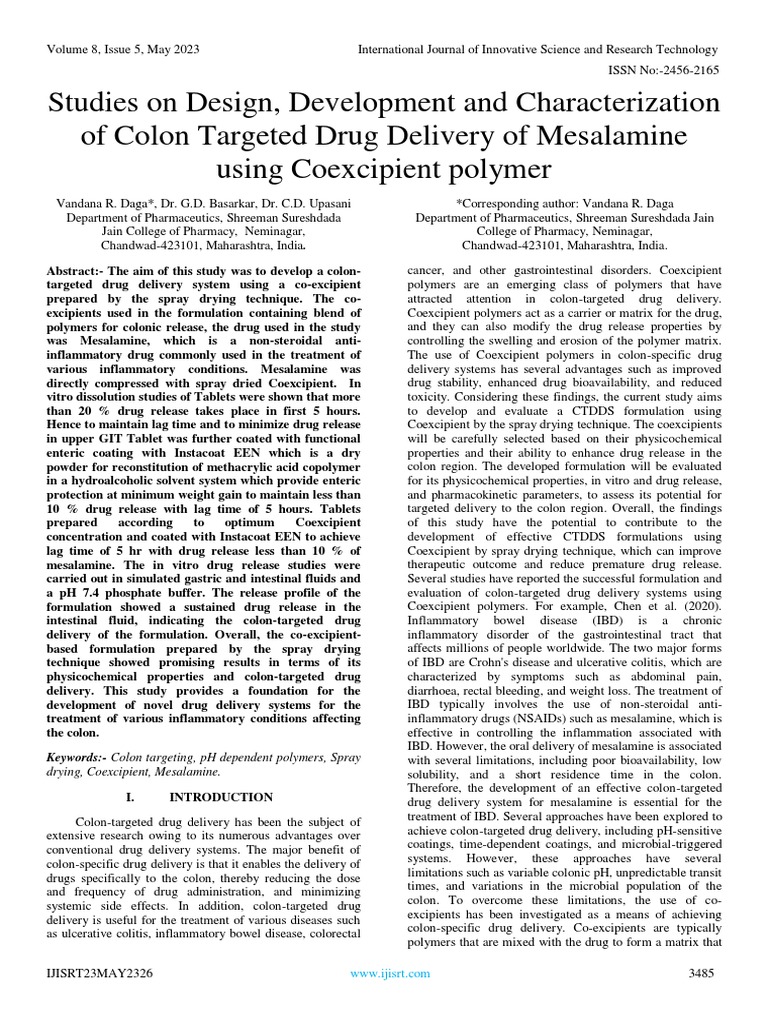 Studies On Design, Development and Characterization of Colon Targeted ...