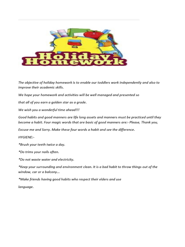 HOLIDAY HOMEWORK Class 1 | PDF