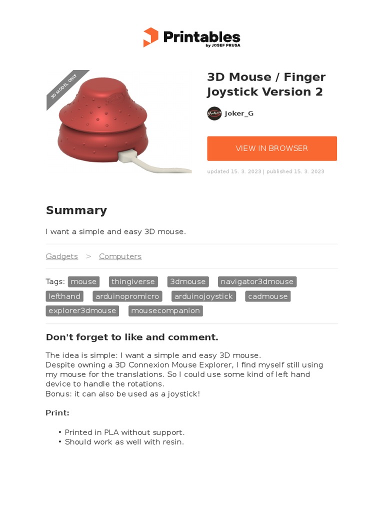 3d Mouse Finger Joystick Version 2 | PDF | Arduino | 3 D Computer Graphics