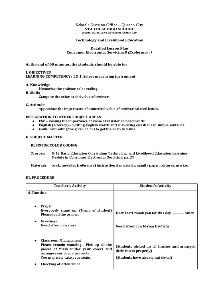 Resistor Color Coding Lesson Plan | PDF | Resistor | Electrical Engineering