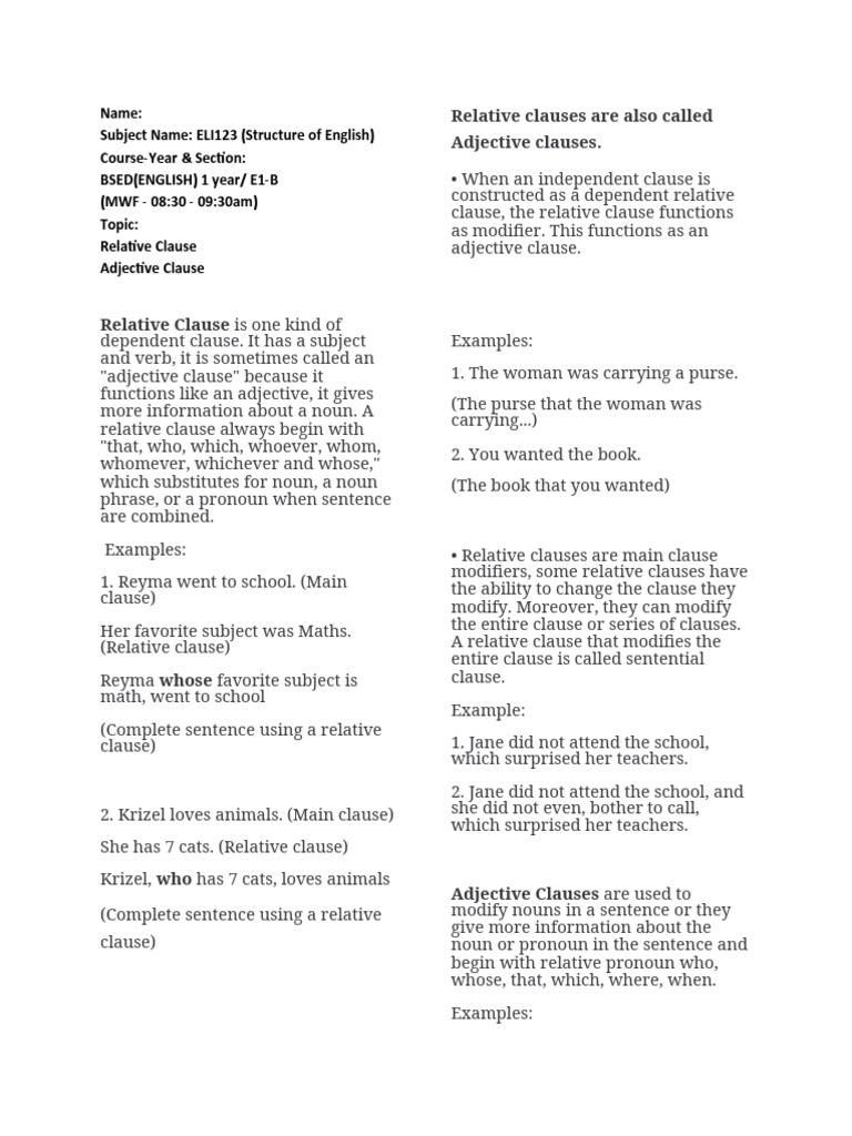 Handouts | Download Free PDF | Clause | Adjective