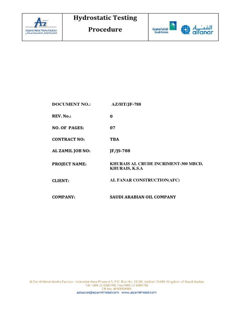Hydrostatic Testing Procedure | Download Free PDF | Water | Civil ...