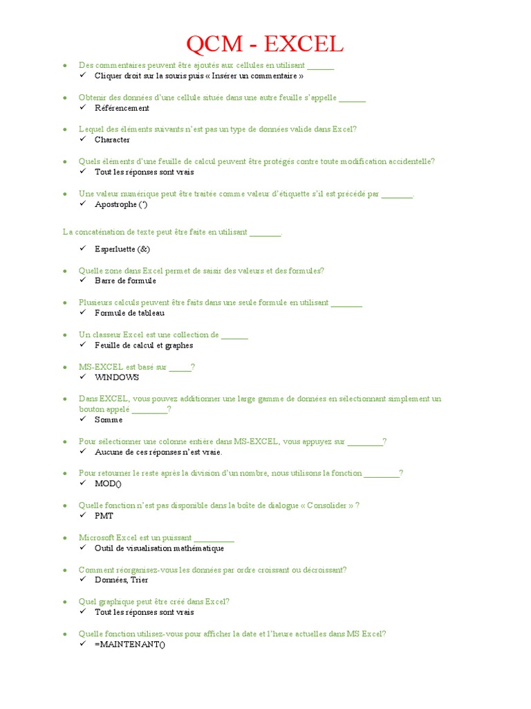QCM Excel | PDF | Microsoft Excel | Feuille de calcul