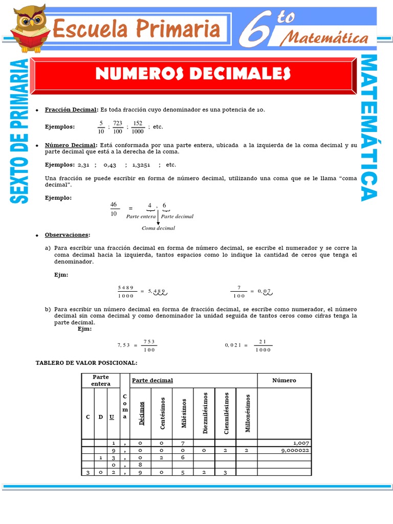 Ejercicios de Números Decimales para Sexto de Primaria | PDF | Decimal | Matemática Elemental