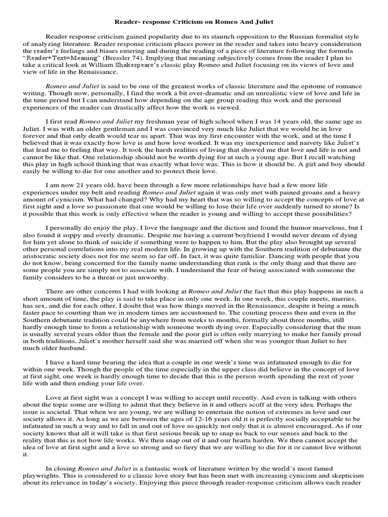B. Reader-Response Criticism On Romeo and Juliet | PDF | Romeo And ...