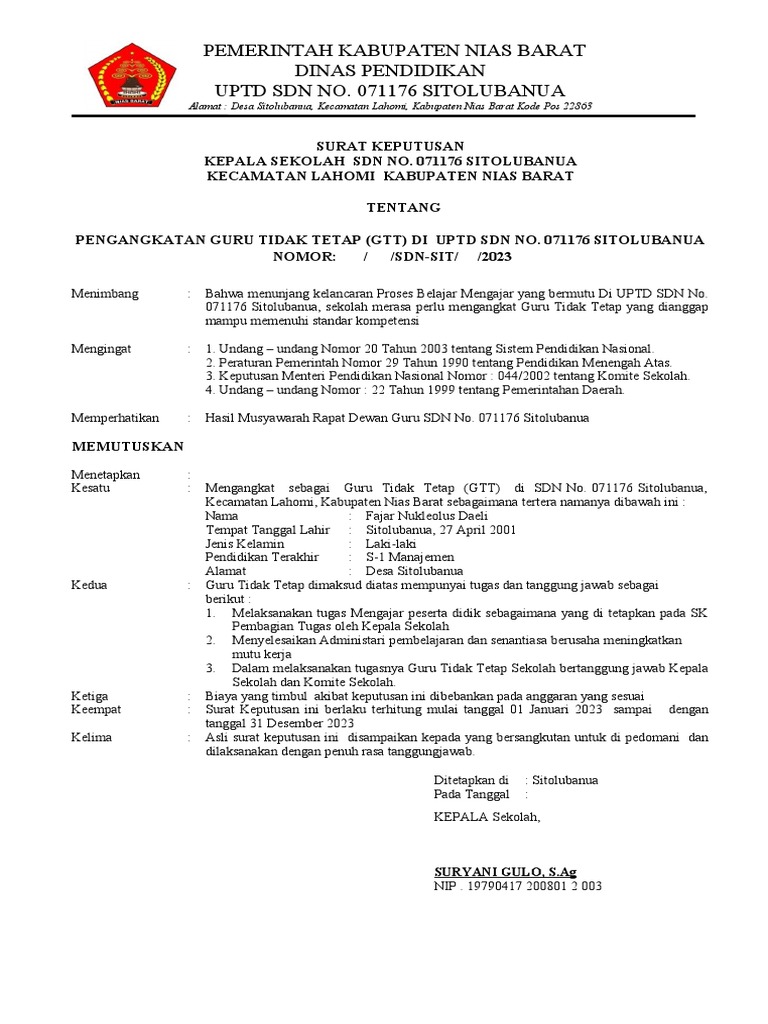 Surat Keputusan Kepala Sekolah | PDF