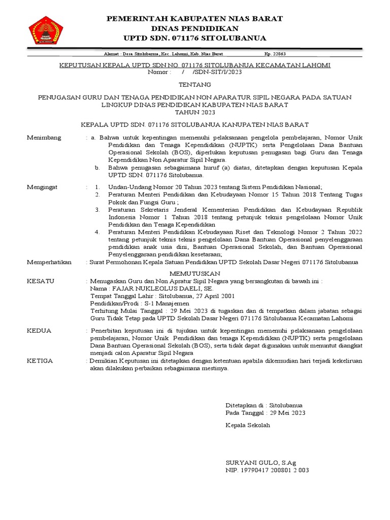 Surat Keputusan Kepala Sekolah | PDF