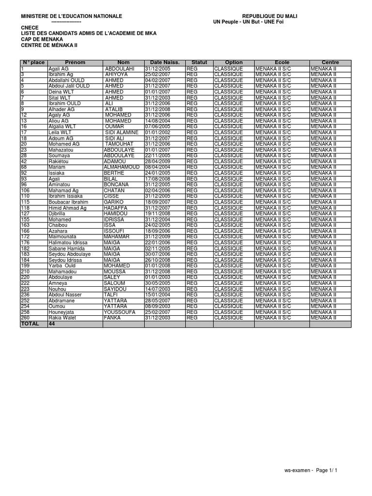 Liste Candidats Admis Menaka 2 | PDF