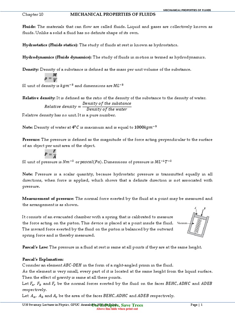 1st Puc Physics Chapter10-Mechanical Properties of Fluids Notes by U N ...