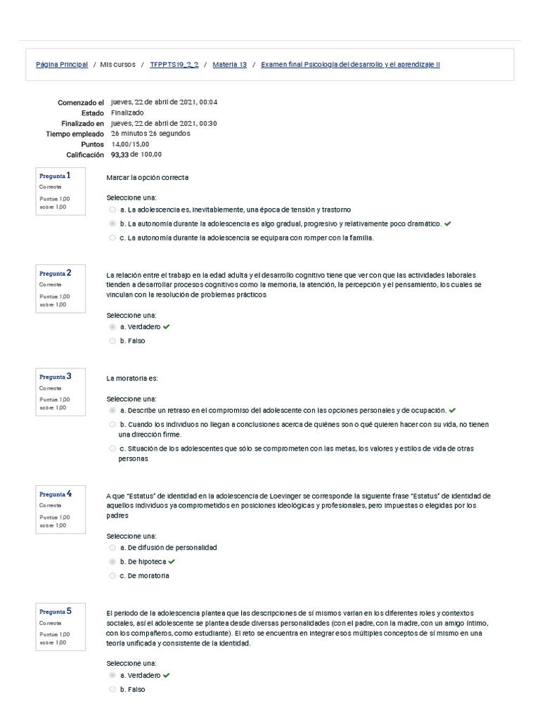 Examen Final Psicología Del Desarrollo y El Aprendizaje II 22 | PDF | Adultos | Sicología