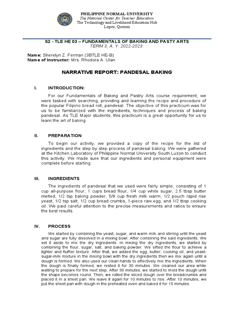 Narrative Report - Pandesal Baking | PDF | Baking | Breads