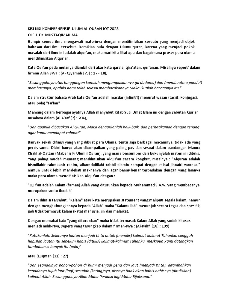 Kisi Kisi Kompre Ulumul Quran Mustaqimah | PDF