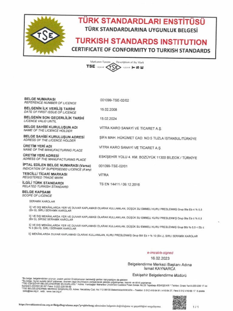 TS en 14411 Türk Standartlarına Uygunluk Belgesi | PDF