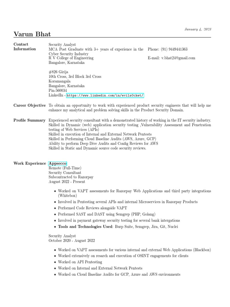 Varun Bhat Resume 23 | PDF | Penetration Test | Amazon Web Services Varun Bhat Resume 23 | PDF | Penetration Test | Amazon Web Services