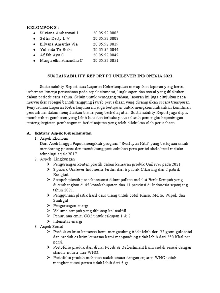 Kelompok 8 - Sustainability Report Unilever 2021 | PDF