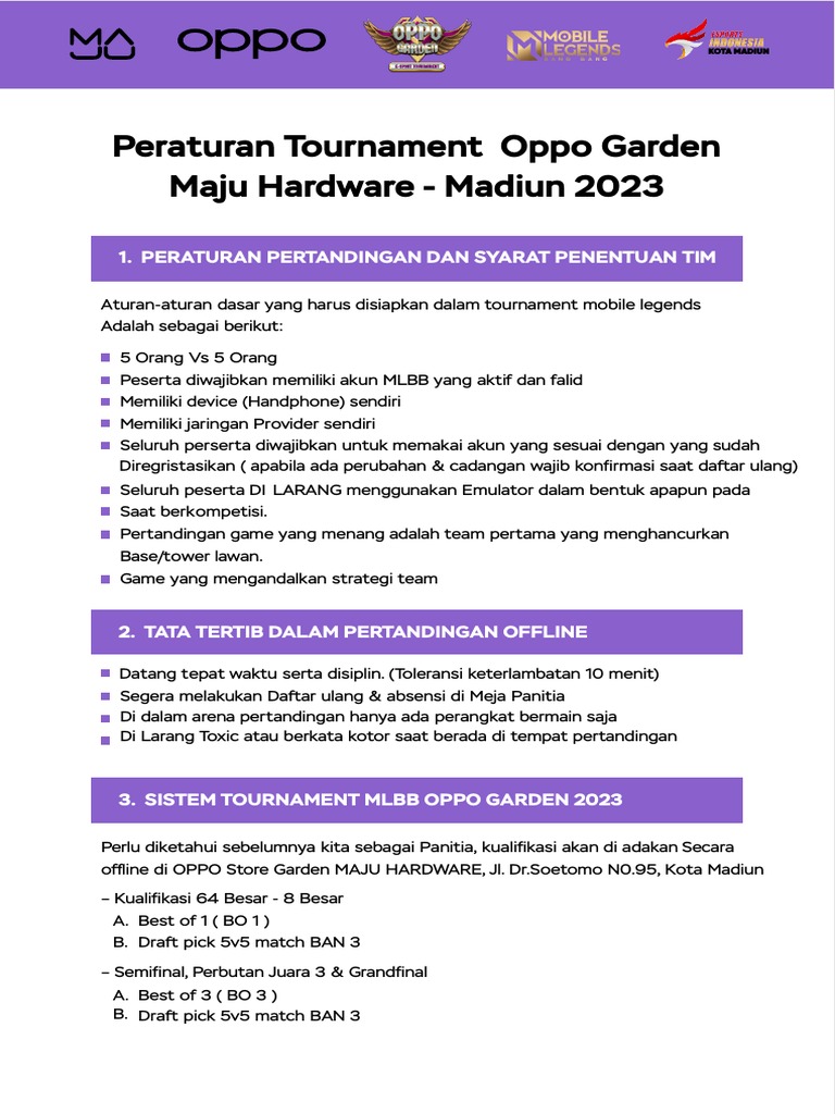 Peraturan Tournament MLBB Oppo Garden Maju Hardware 2023 | PDF