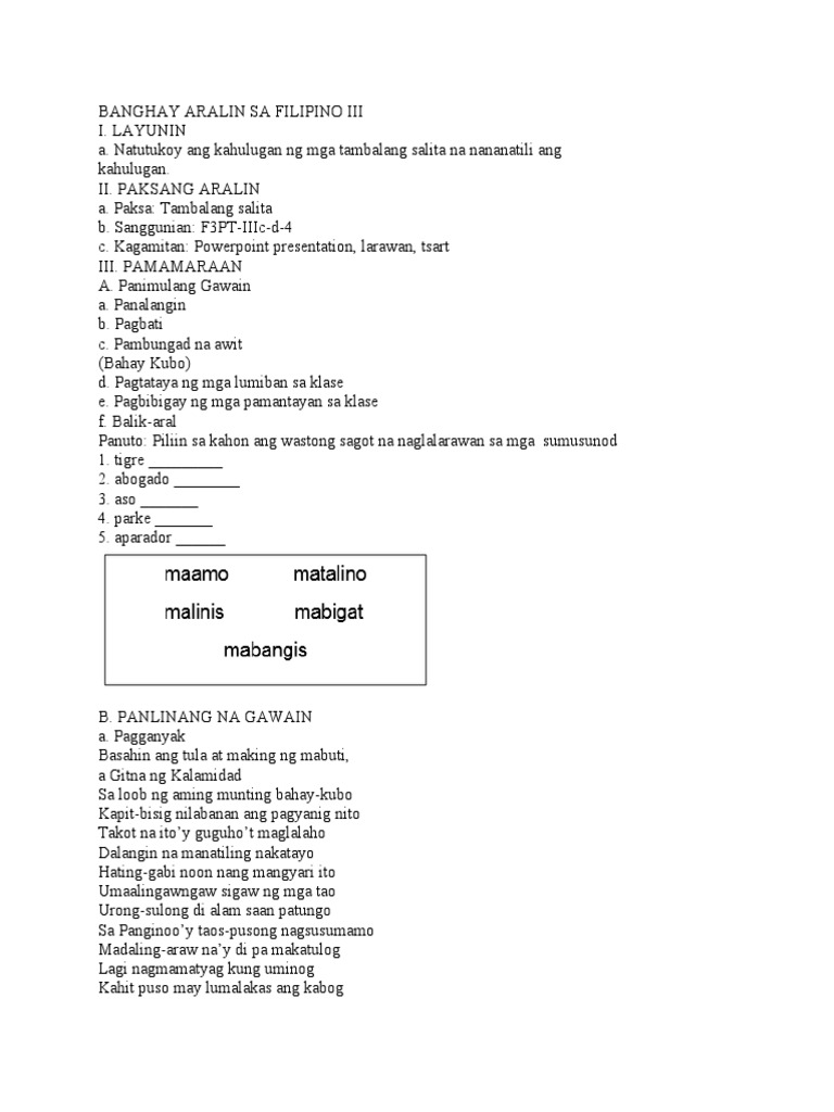 Banghay Aralin Sa Filipino Iii Tambalan Sample | PDF