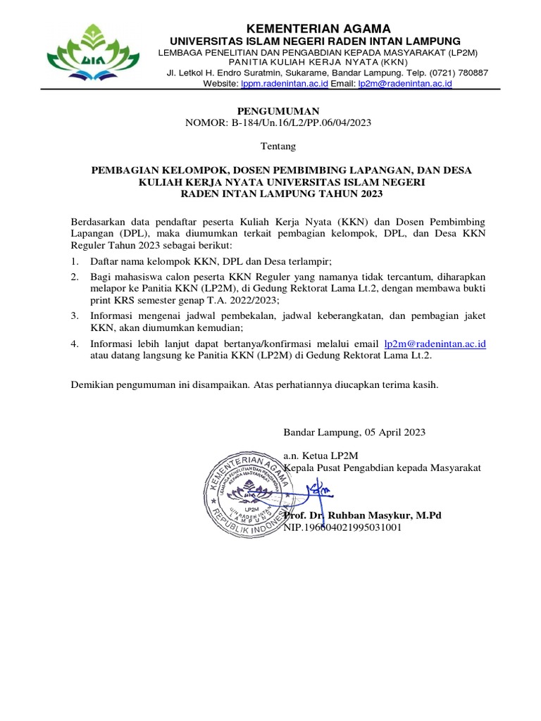 Pengumuman Kelompok DPL Desa KKN Reguler 2023 | PDF