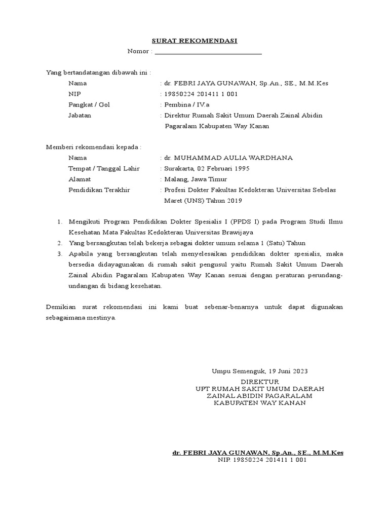 Maw - 19032023 - Surat Rekomendasi Rsud Way Kanan | PDF