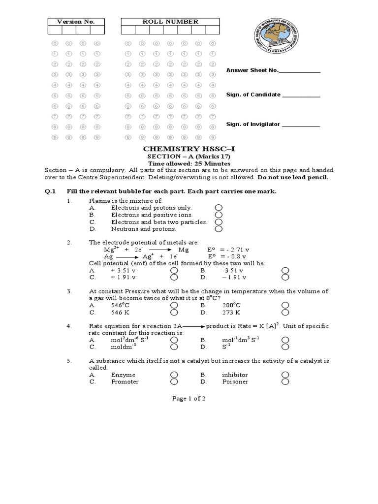 Chem HSSC 1 Model Paper | PDF | Chemical Reactions | Chemistry