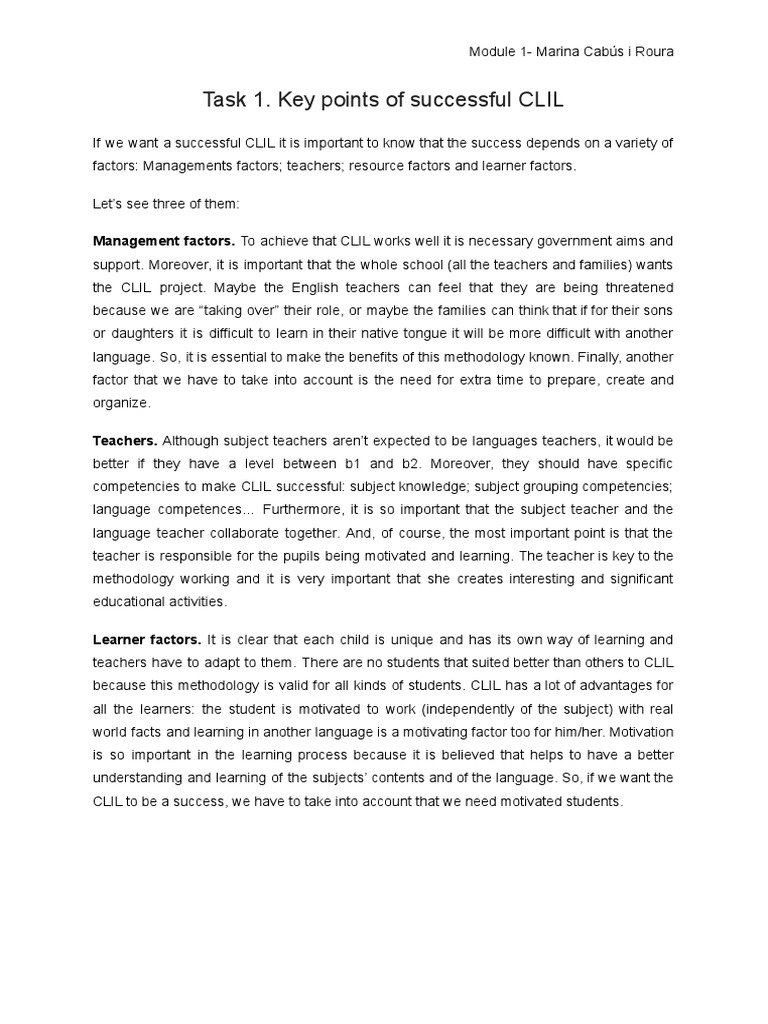 Task 1. Key Points of Successful CLIL | PDF